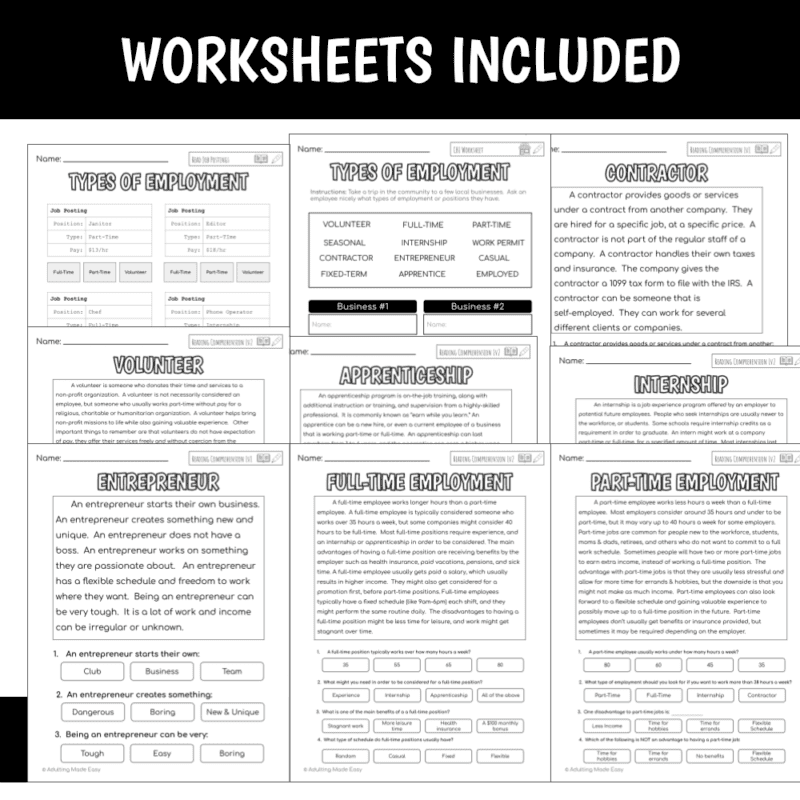 Unit 2 Types of Employment - Functional Worksheets