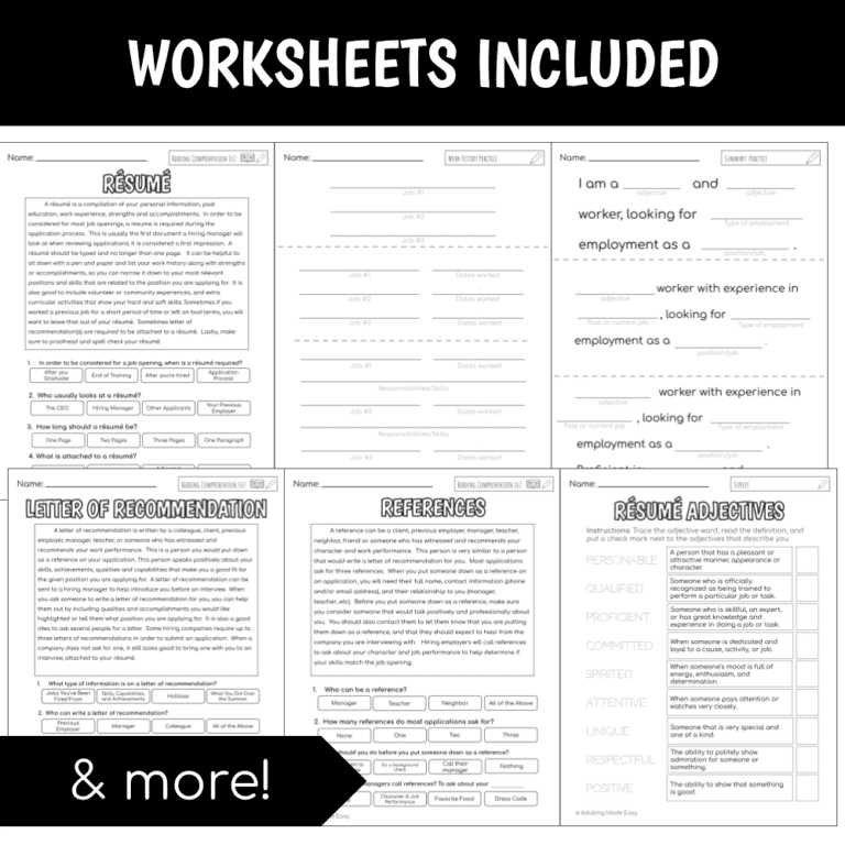 Unit 3 Resume - Reading Comprehension & Functional Worksheets