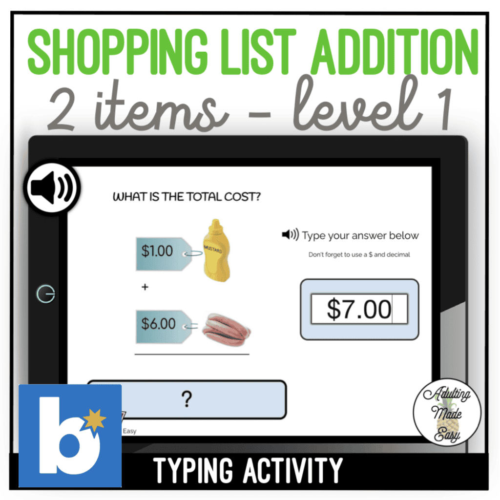 Shopping List Addition - 2 items - Level 1 Typing Boom Cards