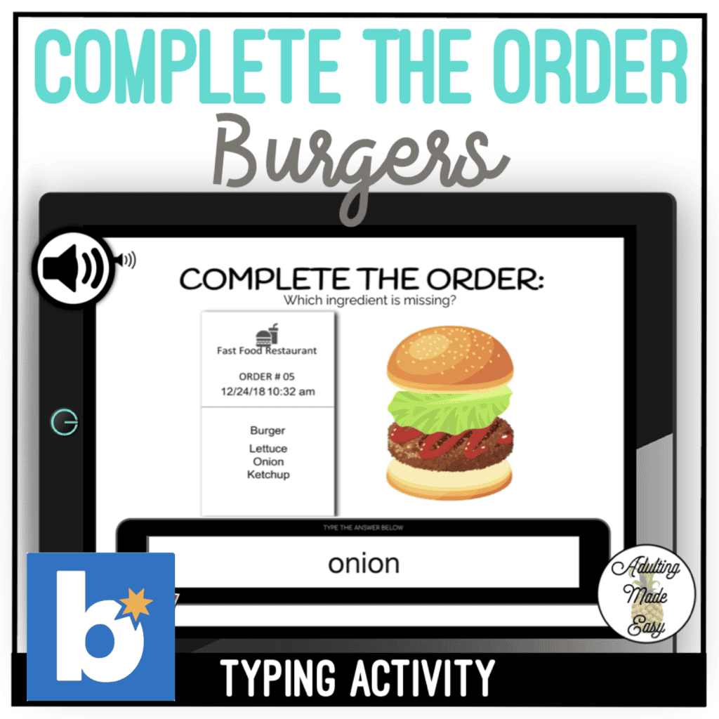 Complete The Order - Burgers Typing Boom Cards