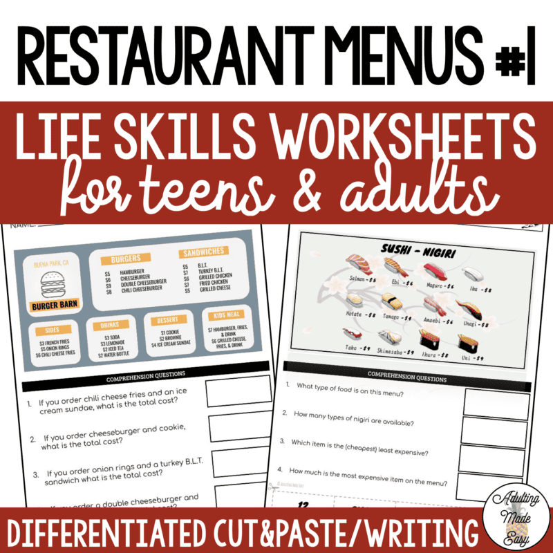 Reading Restaurant Menus #1 Worksheets