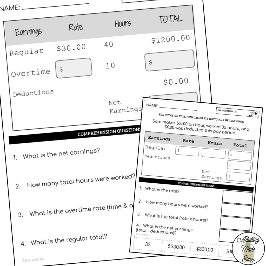 Reading Pay Stubs (Math) Worksheets