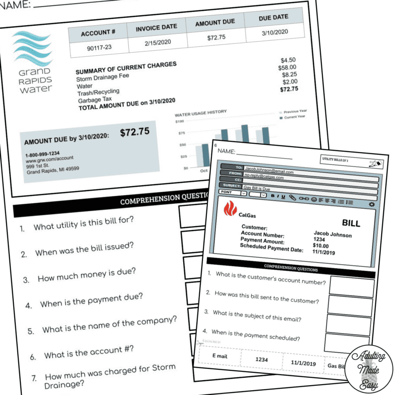 Reading Utility Bills Worksheets