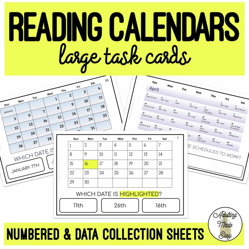 Reading Calendars Large Task Cards