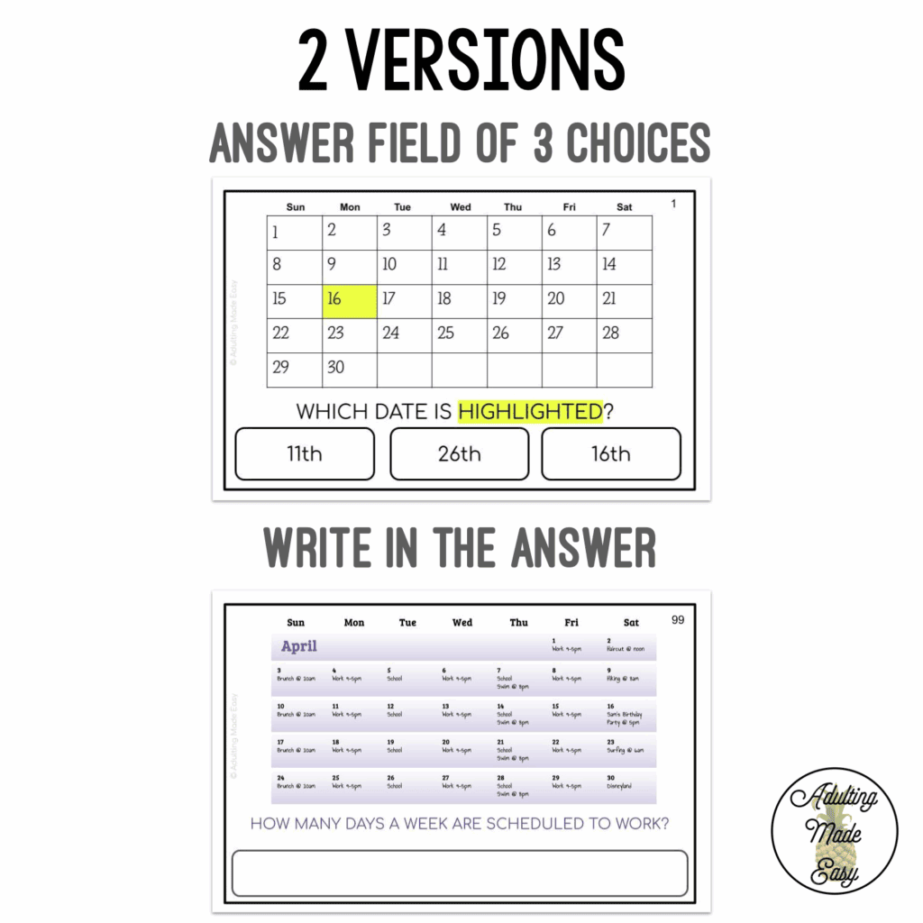 Reading Calendars Large Task Cards
