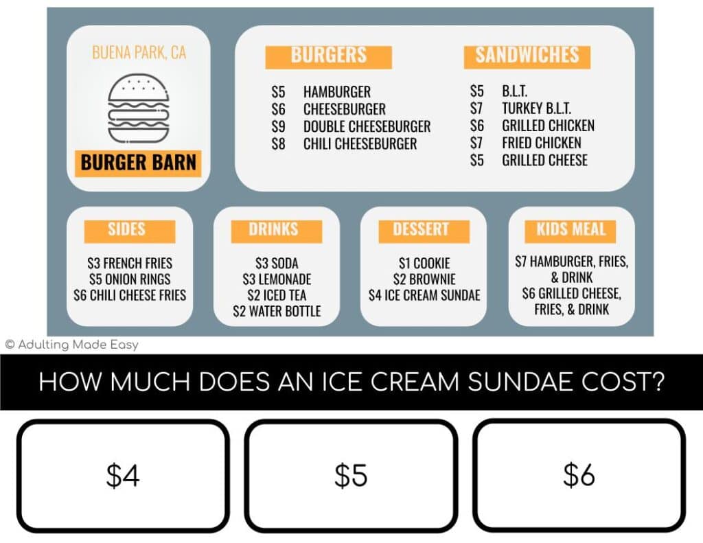 Reading Menus Digital Task Cards
