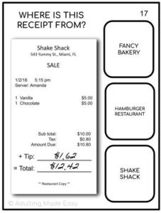 Reading Restaurant Receipts Task Cards