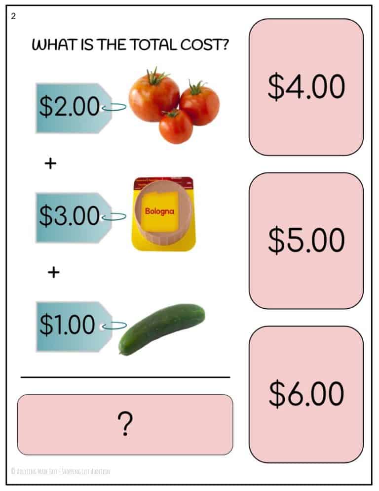 Shopping List Addition (3 numbers) Digital Task Cards