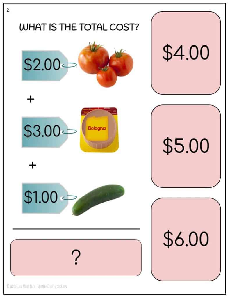 Shopping List Addition (3 numbers) Digital Task Cards