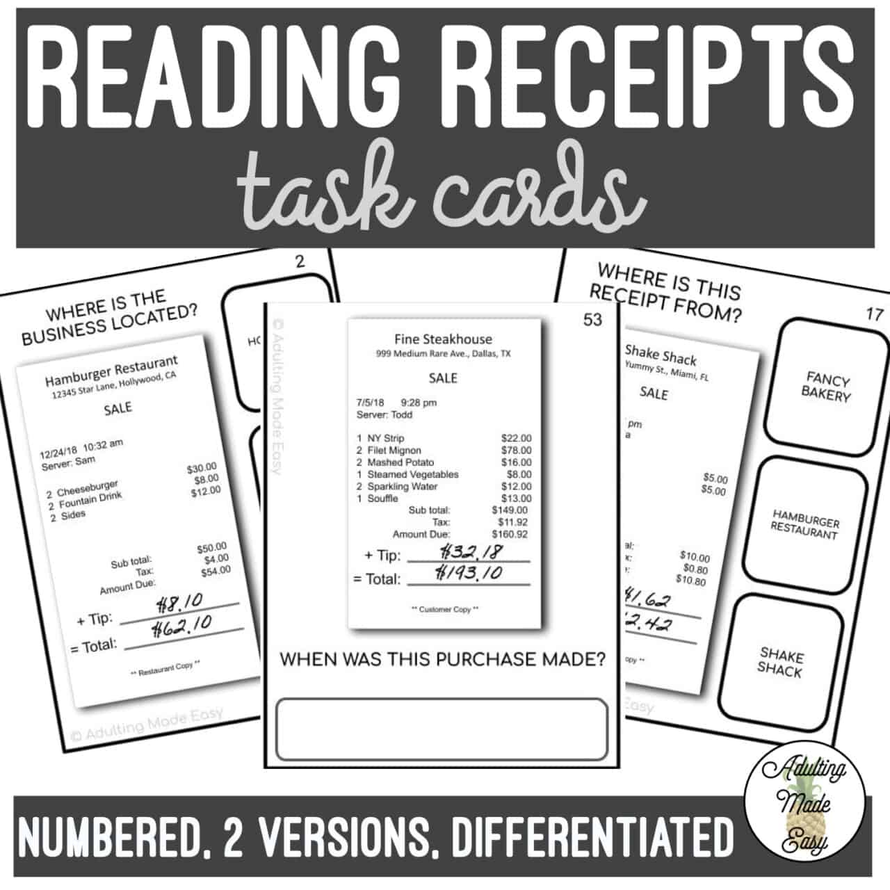 Reading Restaurant Receipts Task Cards