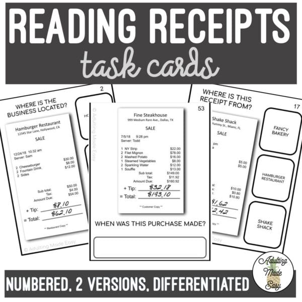 Reading Restaurant Receipts Task Cards