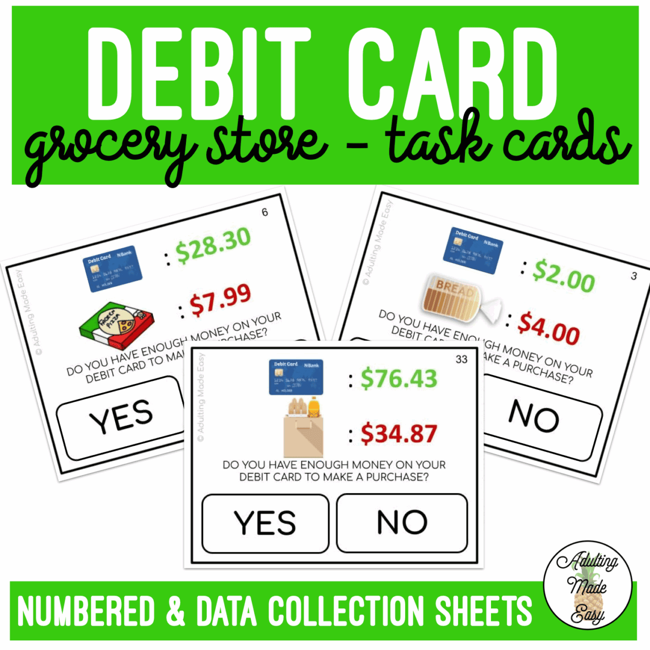 Debit Card Grocery Store Task Cards