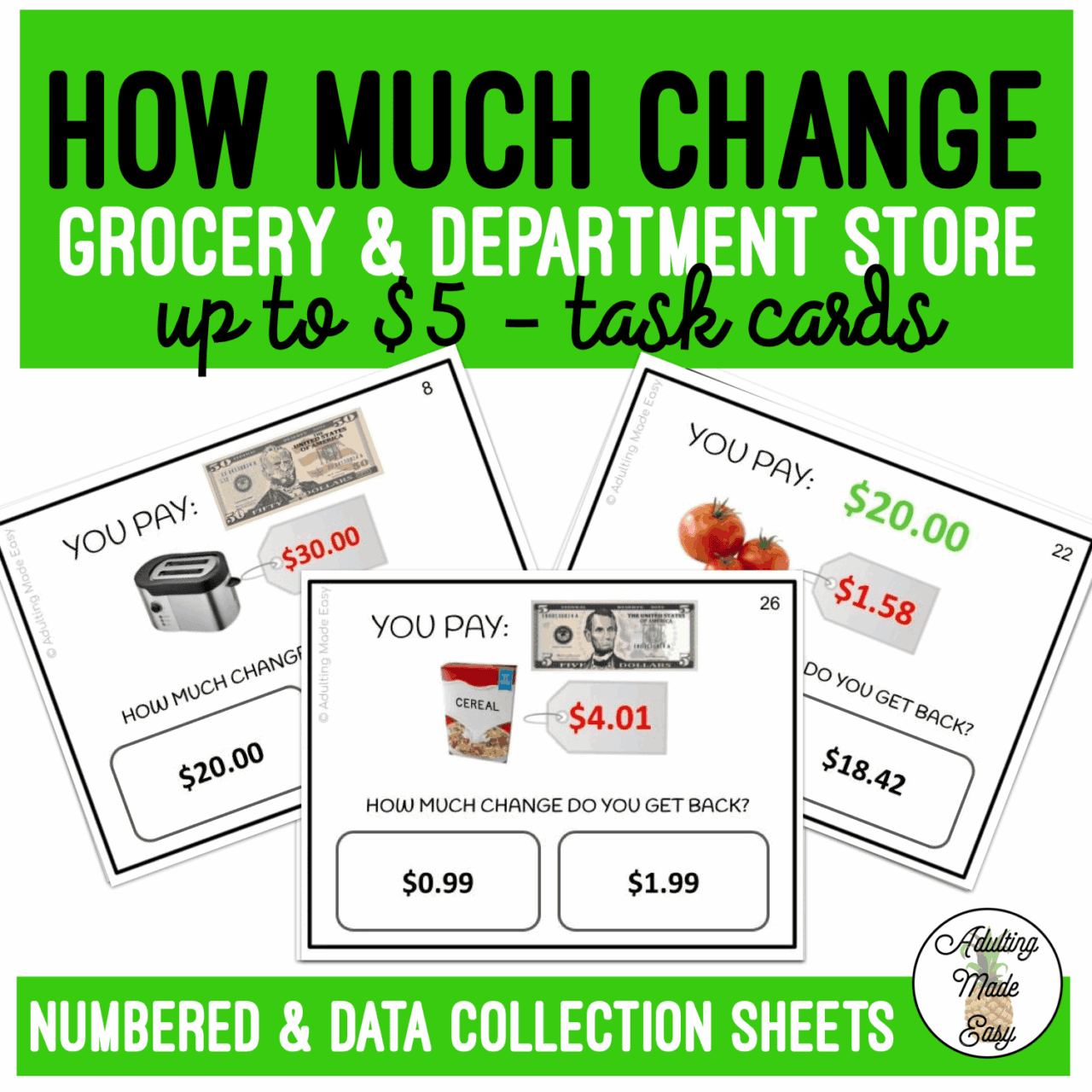 How Much Change Do You Get Back? Field of 2 Task Cards