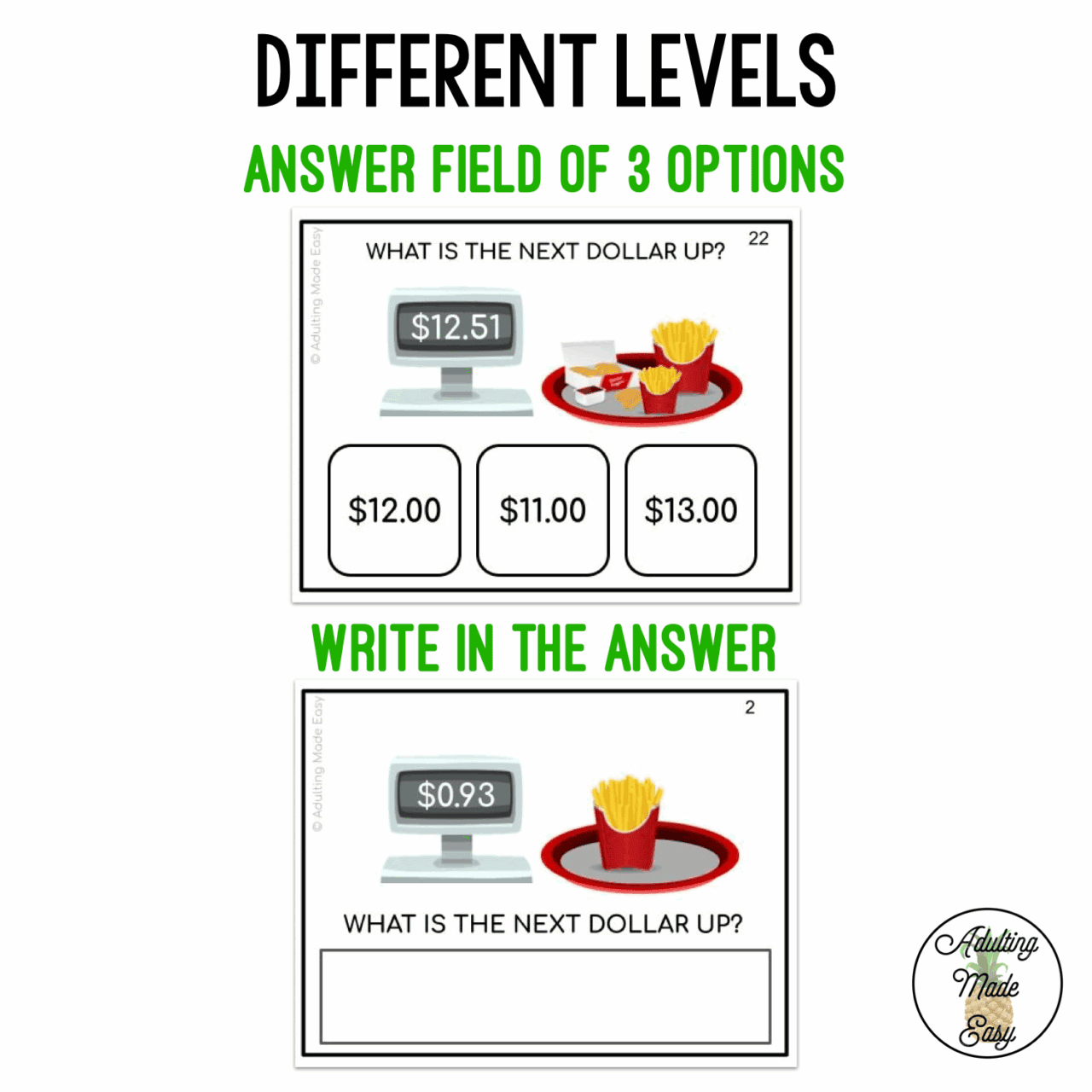Next Dollar Up Fast Food Task Cards