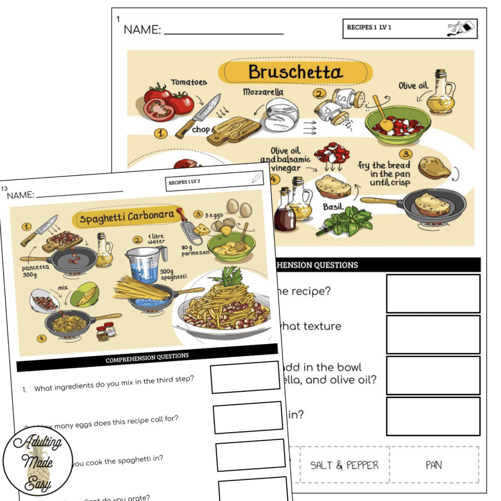 Reading Italian Recipes Worksheets