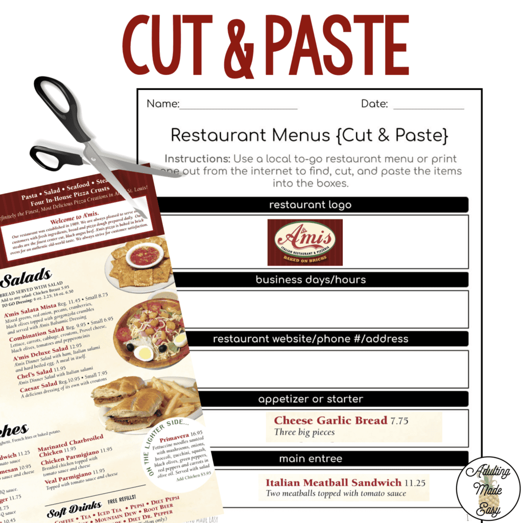 Reading Menus Comprehension Worksheets