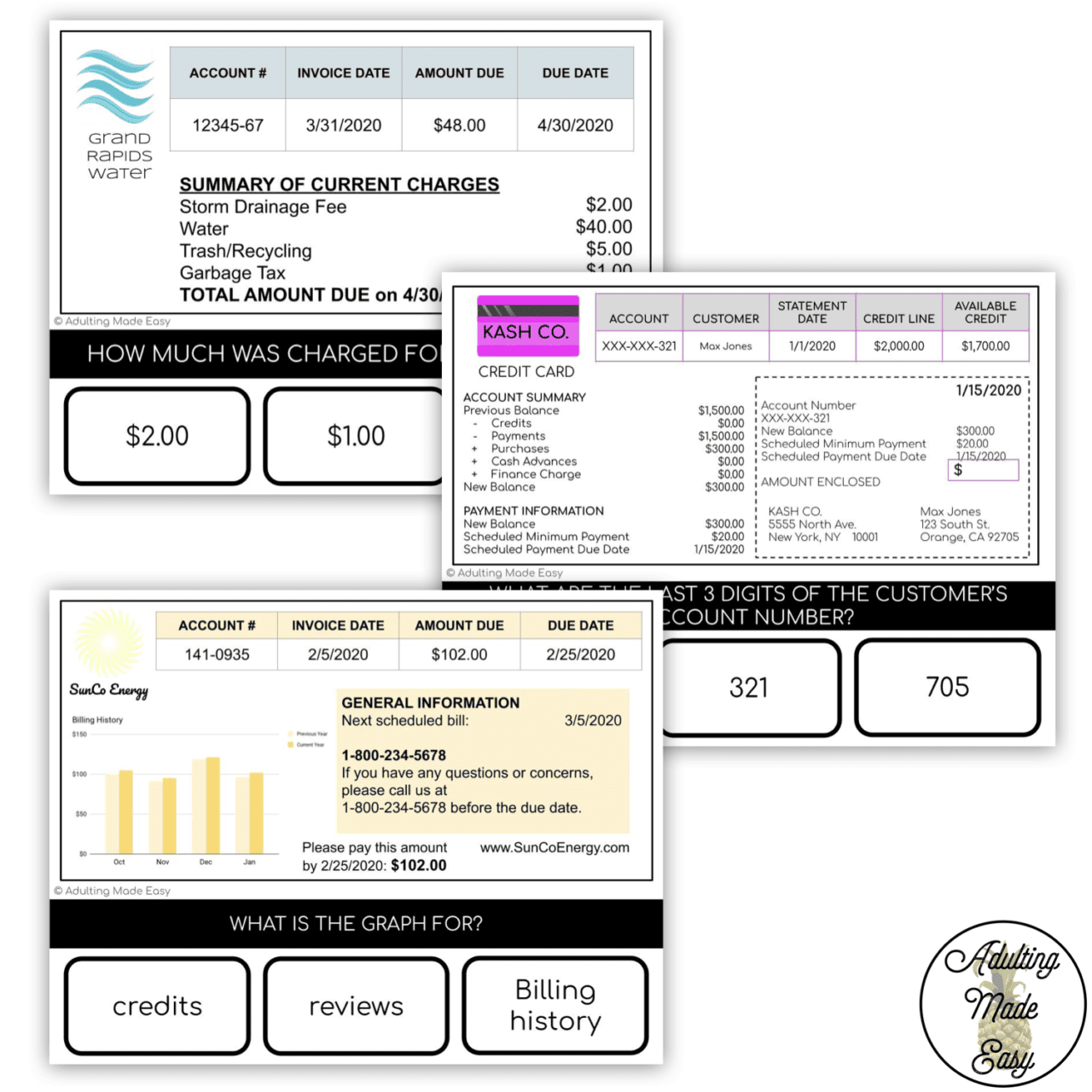 Reading Utility Bills Digital Task Cards
