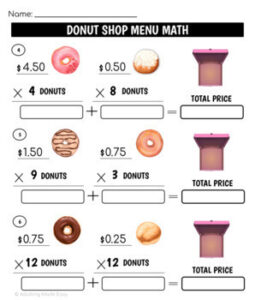 Donut Shop Menu Math Multiplication Worksheets