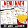 Fast Food Restaurant Menu Math Addition Worksheets