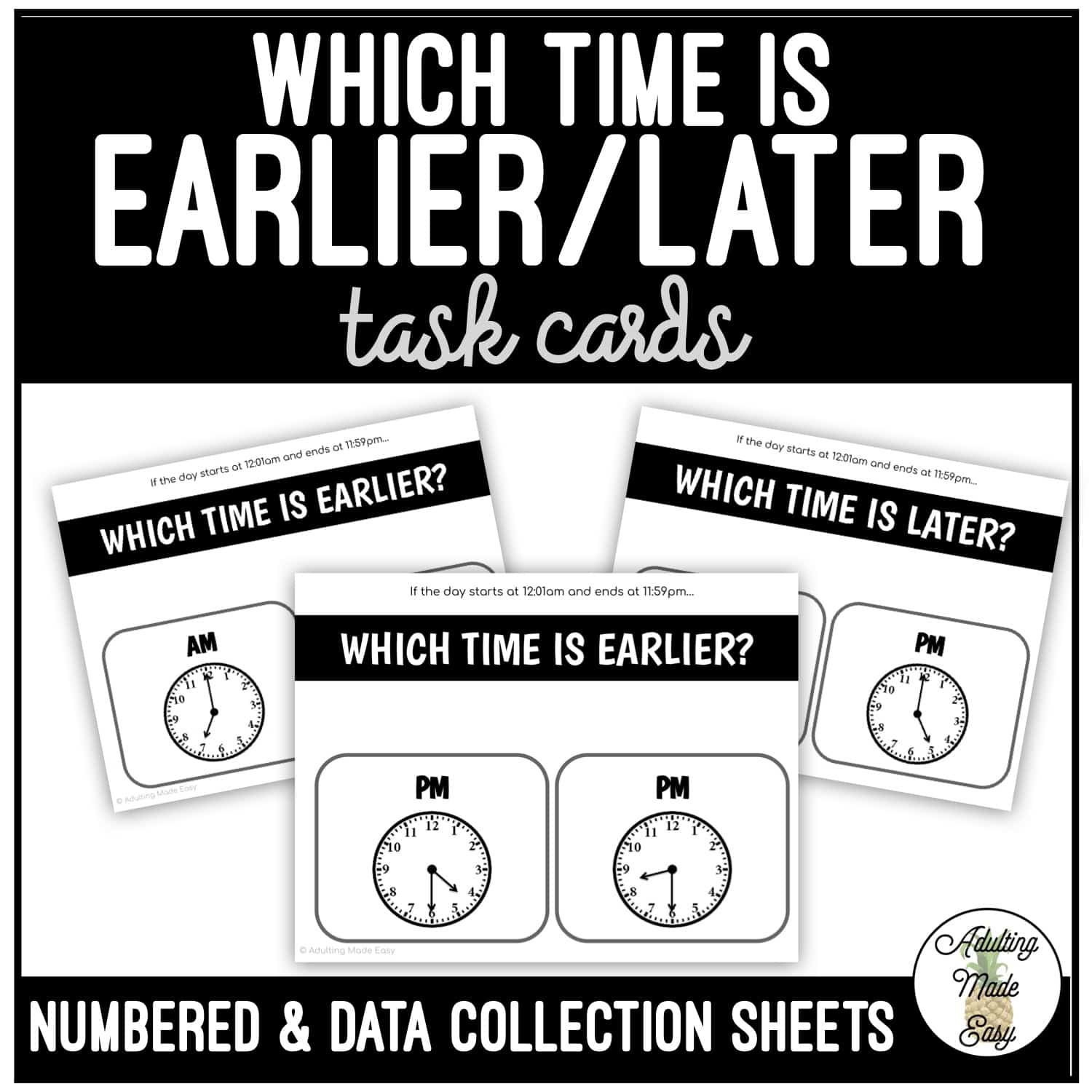 Which Time is Earlier/Later Analog Clocks Task Cards - Adulting Made ...