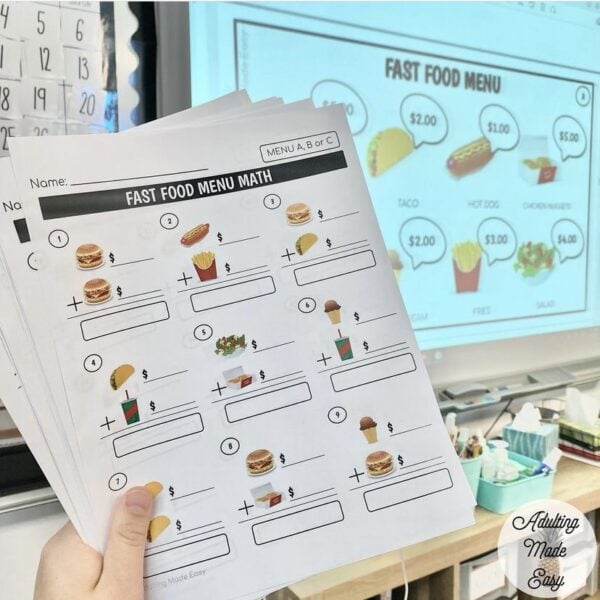 Fast Food Restaurant Menu Math Addition Worksheets