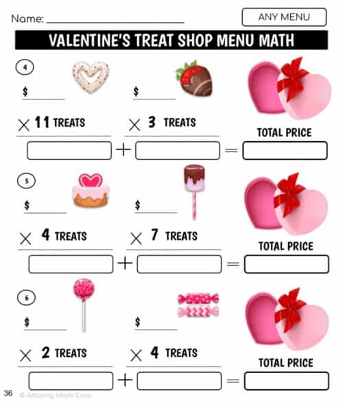 Valentine's Treat Shop Menu Math Multiplication Worksheets