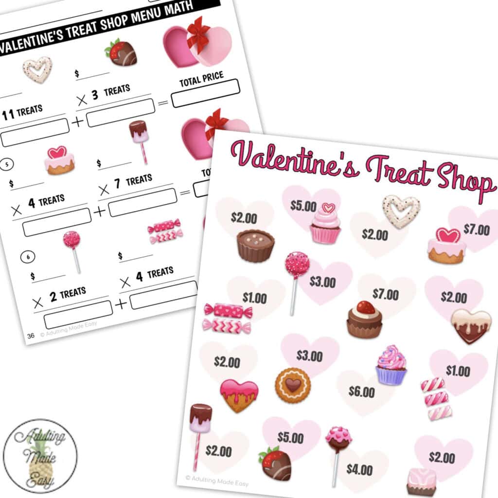 Valentine's Treat Shop Menu Math Multiplication Worksheets