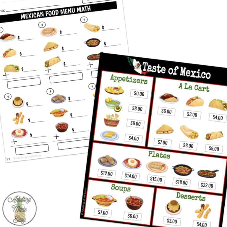 Mexican Food Menu Math Addition Worksheets