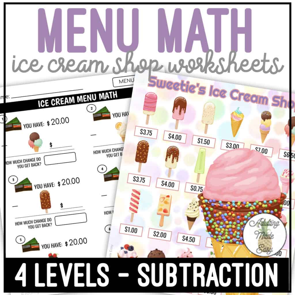 Ice Cream Shop Menu Math Subtraction Worksheets
