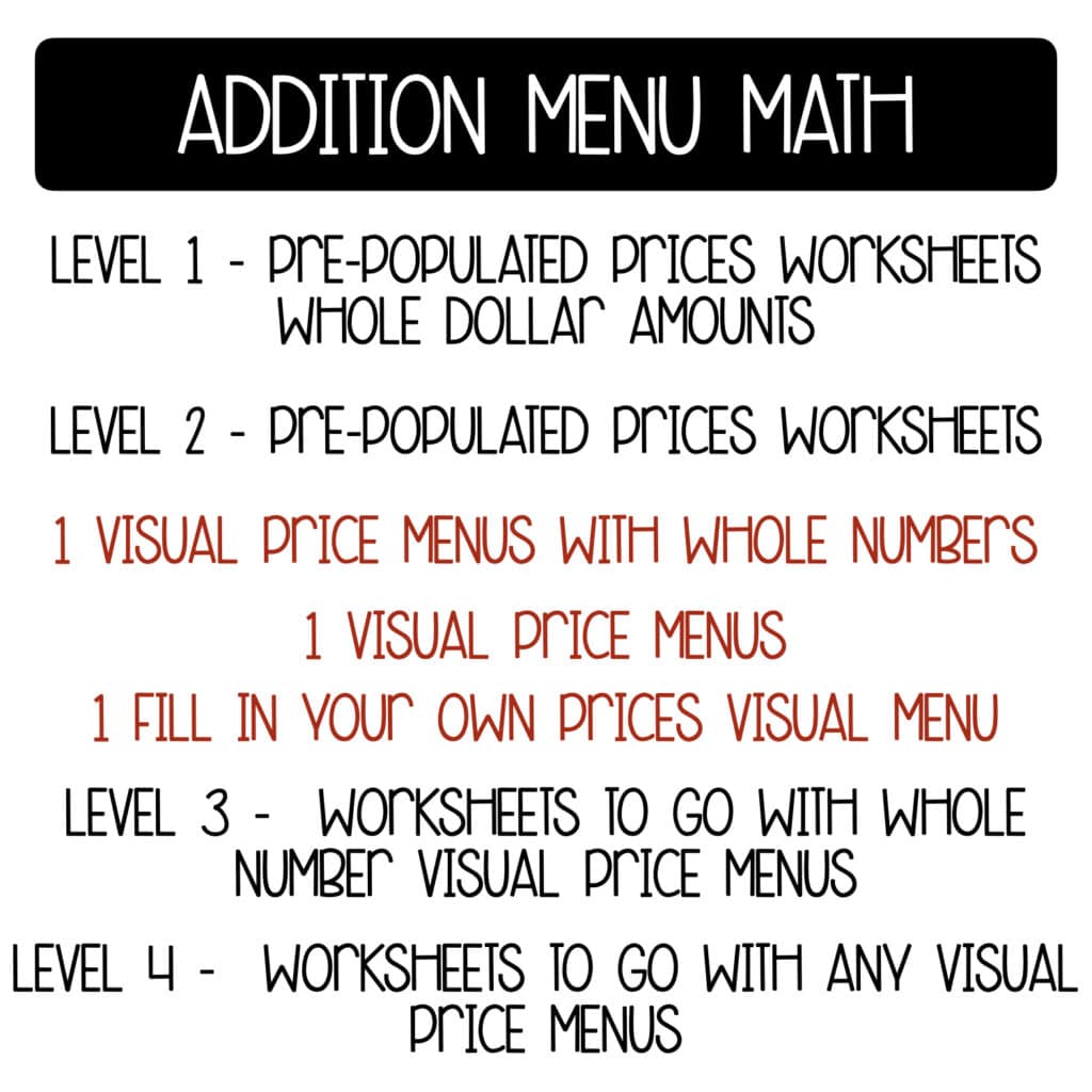 Mexican Food Menu Math Addition Worksheets