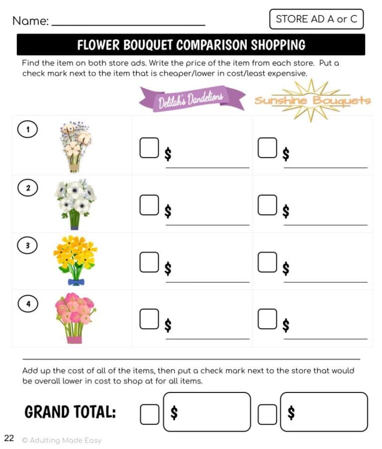 Flower Bouquet Store Ad Math Comparison Shopping Worksheets