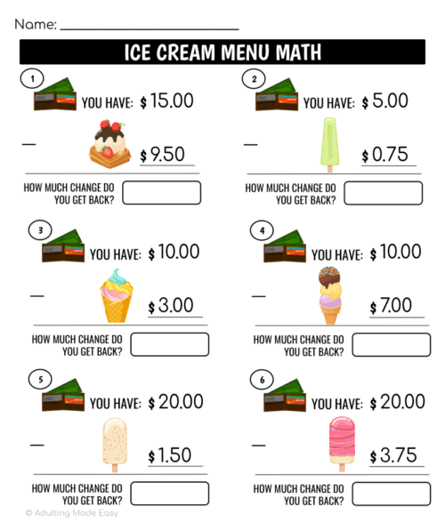 Ice Cream Shop Menu Math Subtraction Worksheets