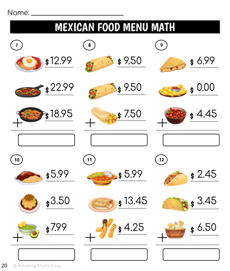 Mexican Food Menu Math Addition Worksheets