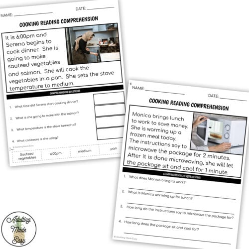 Cooking Simplified Reading Comprehension Worksheets