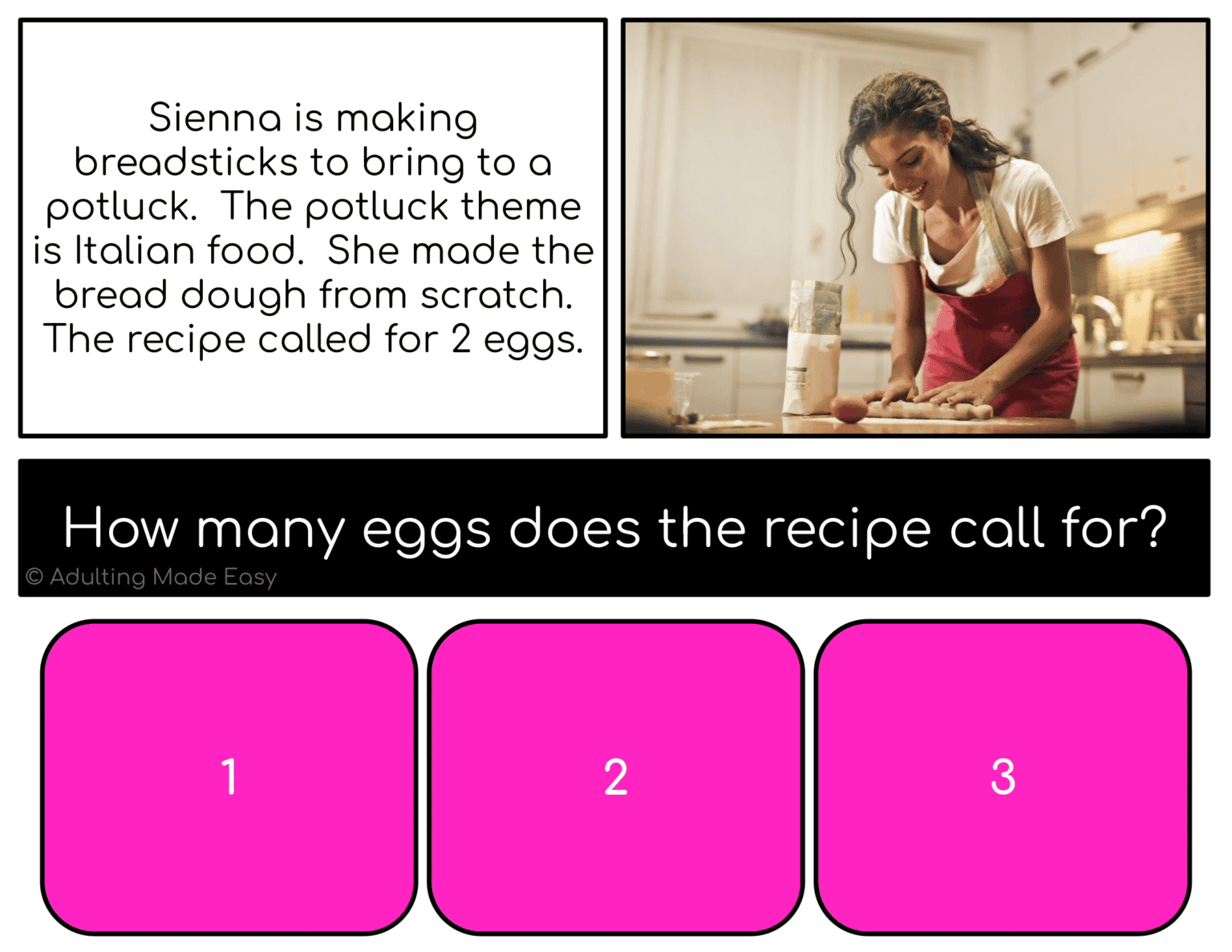 Cooking #2 Simplified Reading Comprehension Task Cards