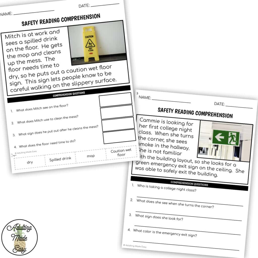 Safety Simplified Reading Comprehension Worksheets