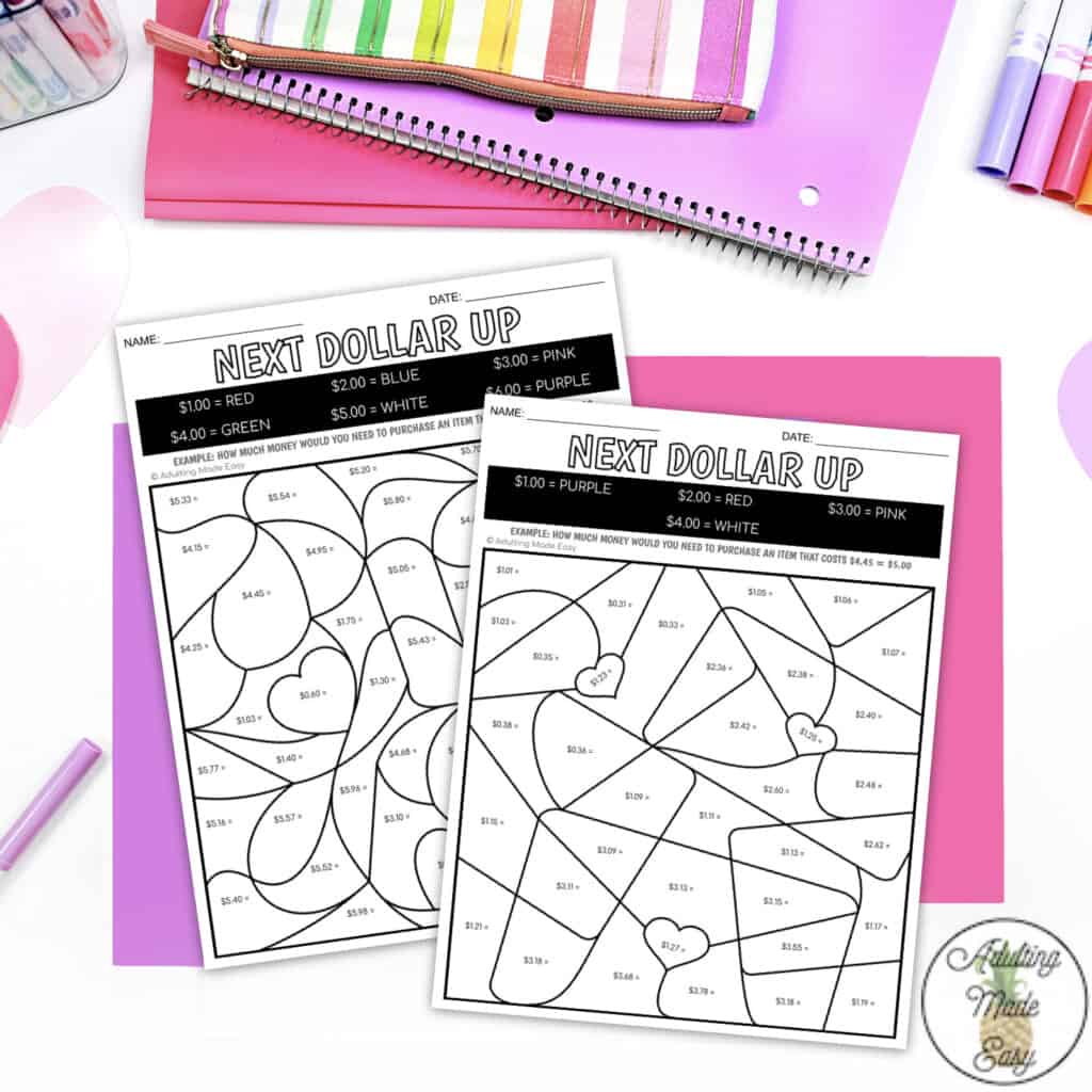 Valentine's Day Next Dollar Up Color By Code Worksheets
