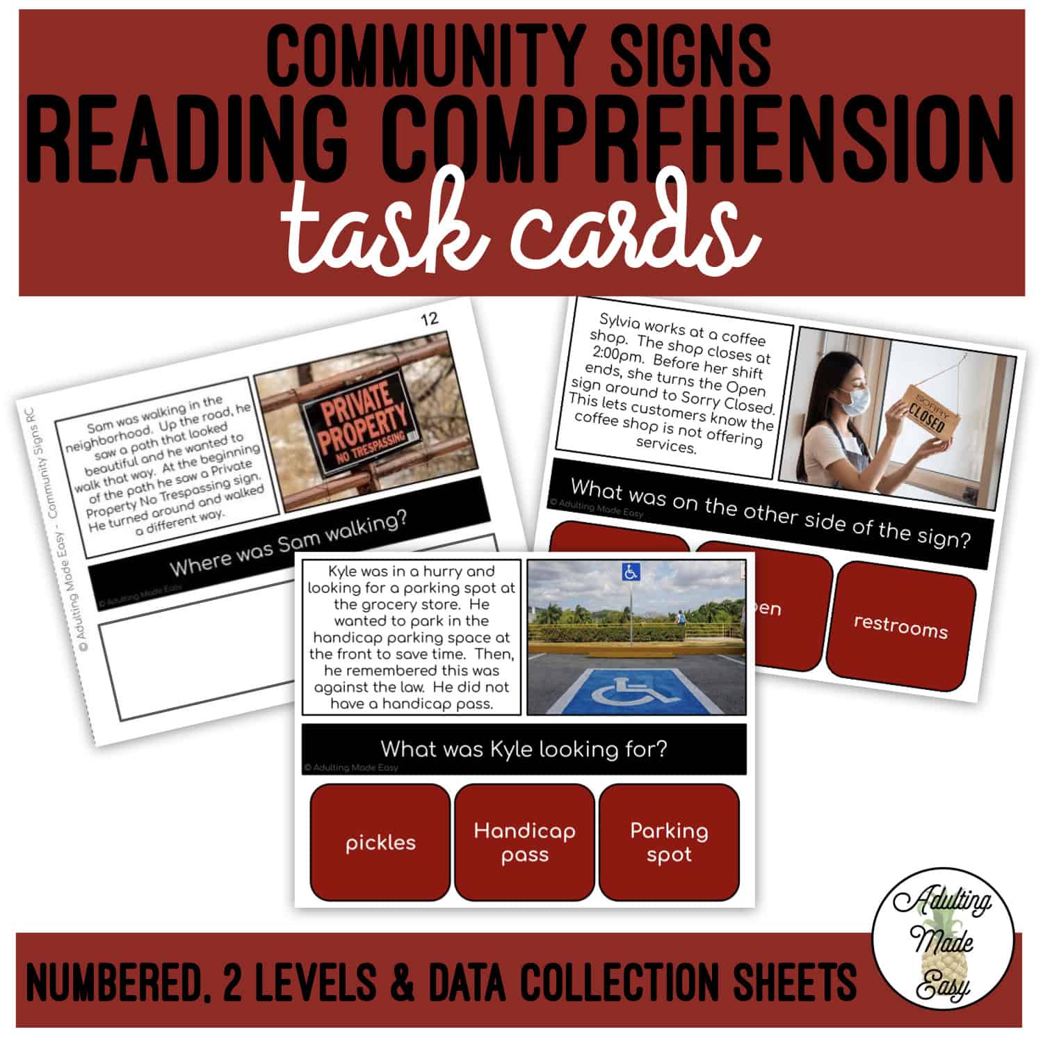 Community Signs Simplified Reading Comprehension Task Cards - Adulting ...
