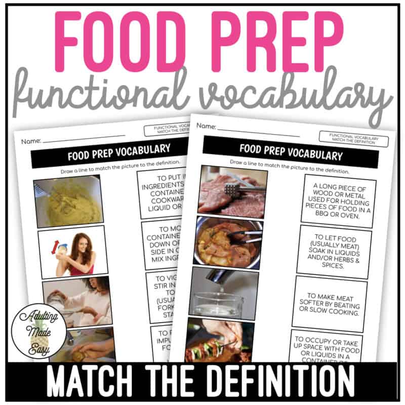 Food Prep Functional Vocabulary DEFINITIONS Worksheets
