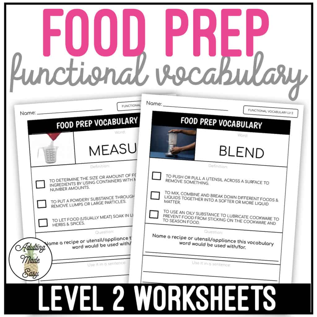 Food Prep Functional Vocabulary LEVEL 2 Worksheets