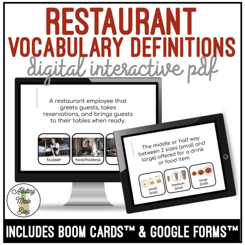 Which Restaurant Vocabulary? Definition Digital Task Cards