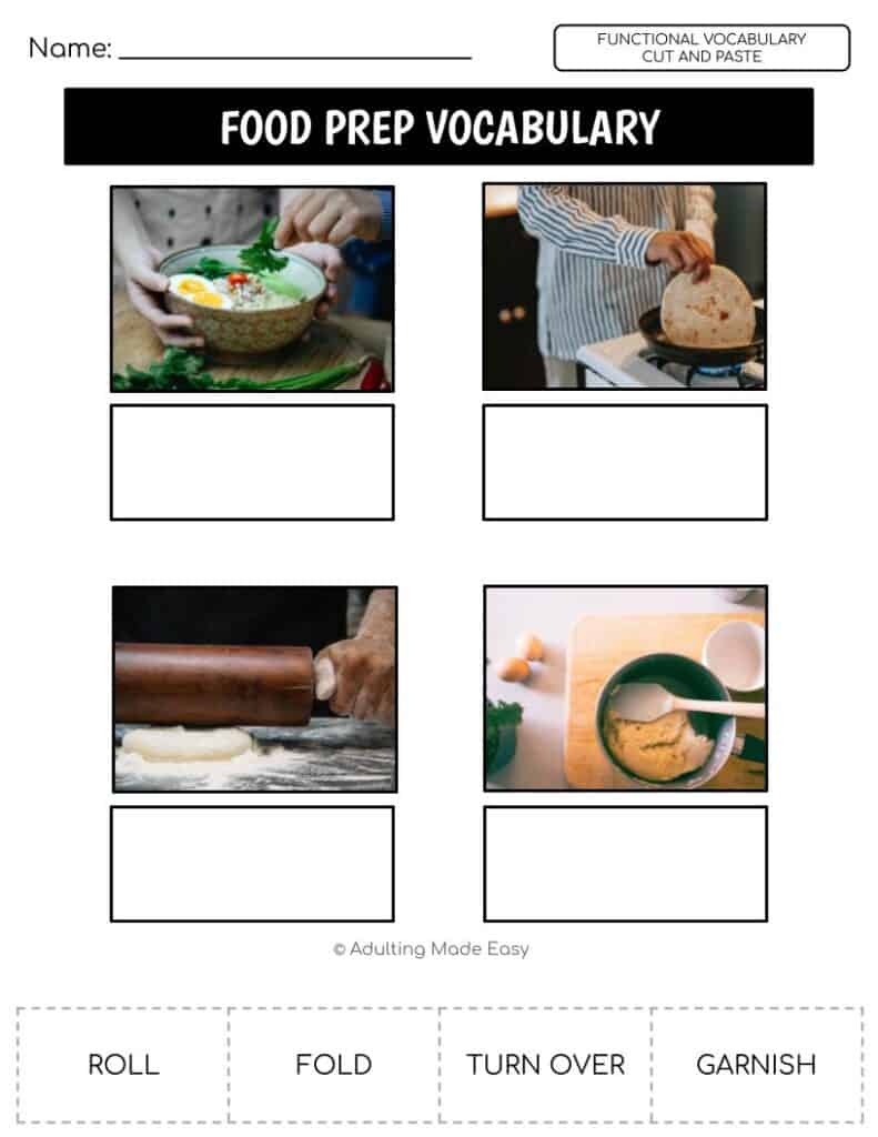 Food Prep Functional Vocabulary CUT AND PASTE Worksheets