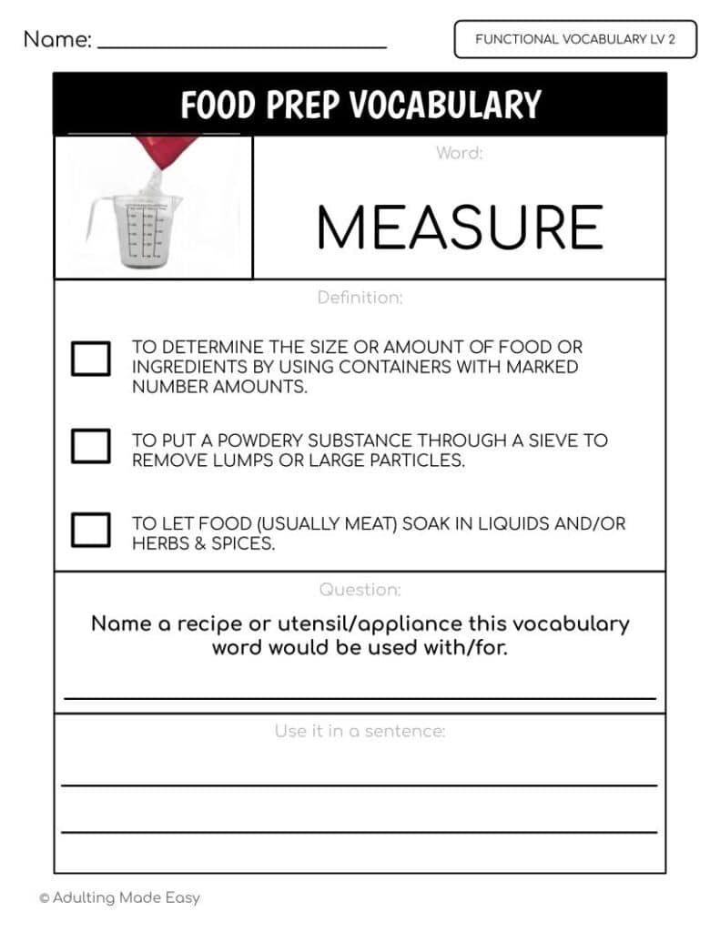 Food Prep Functional Vocabulary LEVEL 2 Worksheets