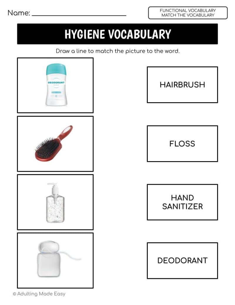 Hygiene Functional Vocabulary MATCH THE WORD Worksheets