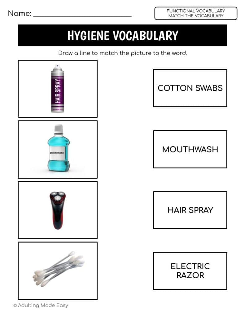 Hygiene Functional Vocabulary MATCH THE WORD Worksheets