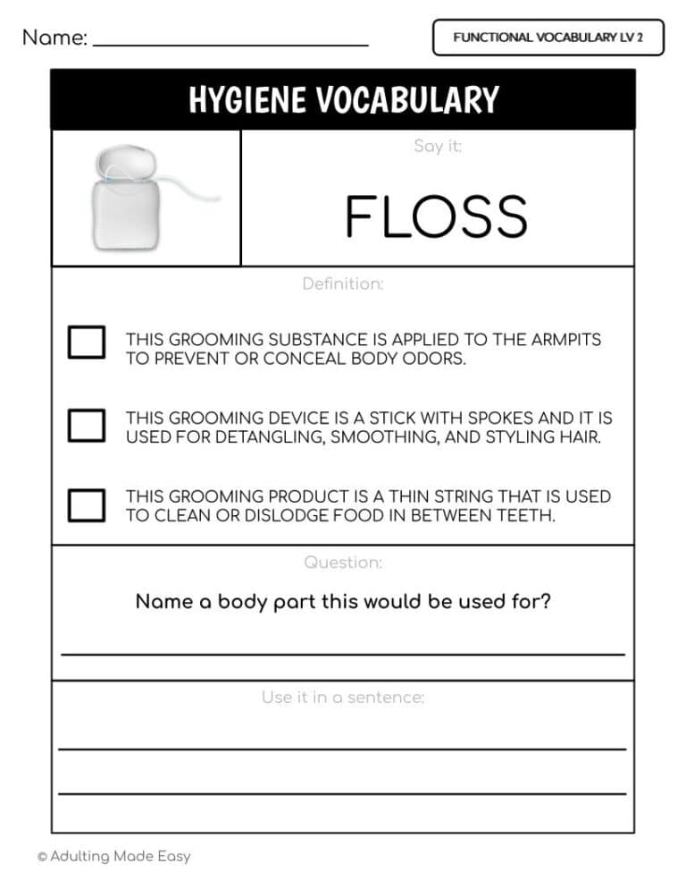 Hygiene Functional Vocabulary LEVEL 2 Worksheets