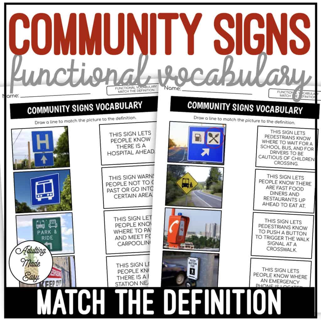 Community Signs Functional Vocabulary DEFINITIONS Worksheets