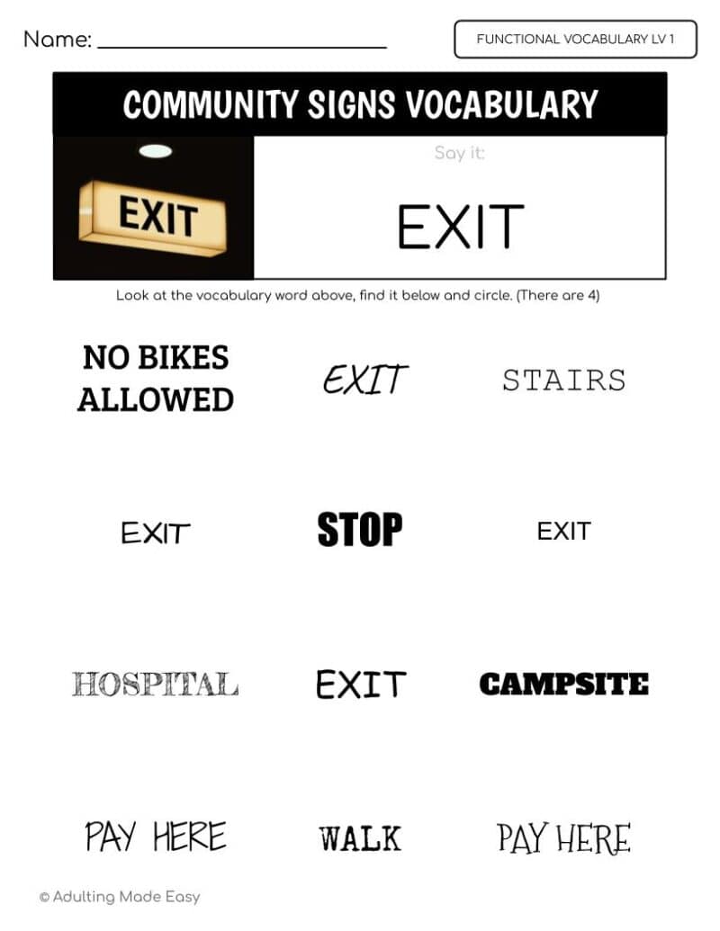 Community Signs Functional Vocabulary FIND THE WORD Worksheets