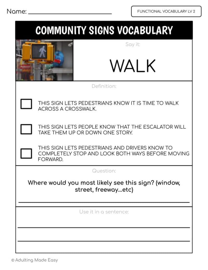 Community Signs Functional Vocabulary LEVEL 2 Worksheets