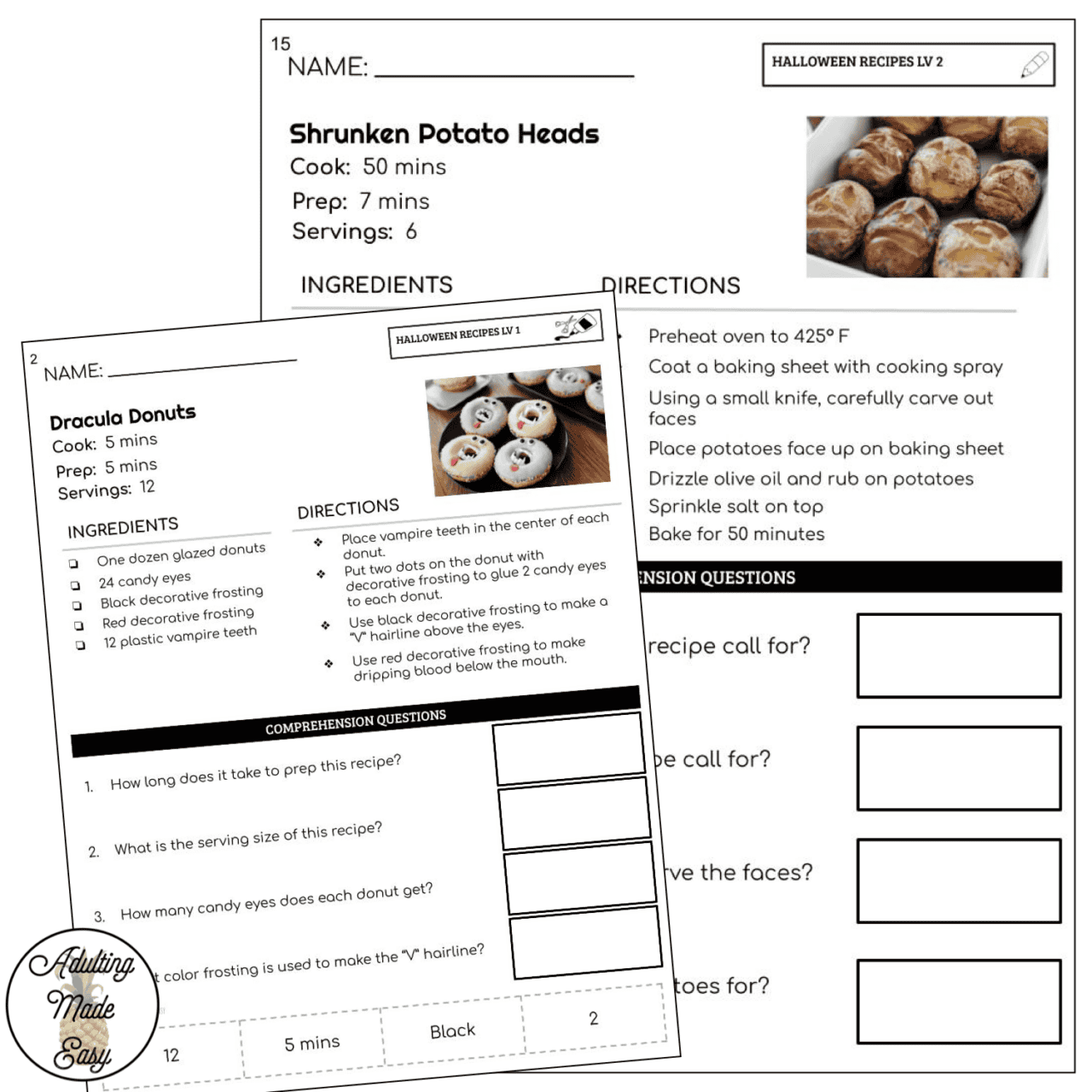 Reading Halloween Recipes Worksheets